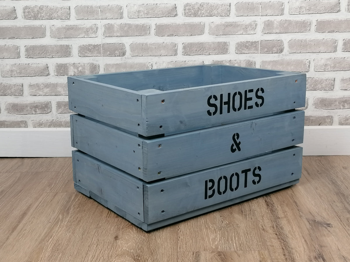 Shoes & Boots Storage Box /Crate Finished In Grey Wood stain – Fluffsters